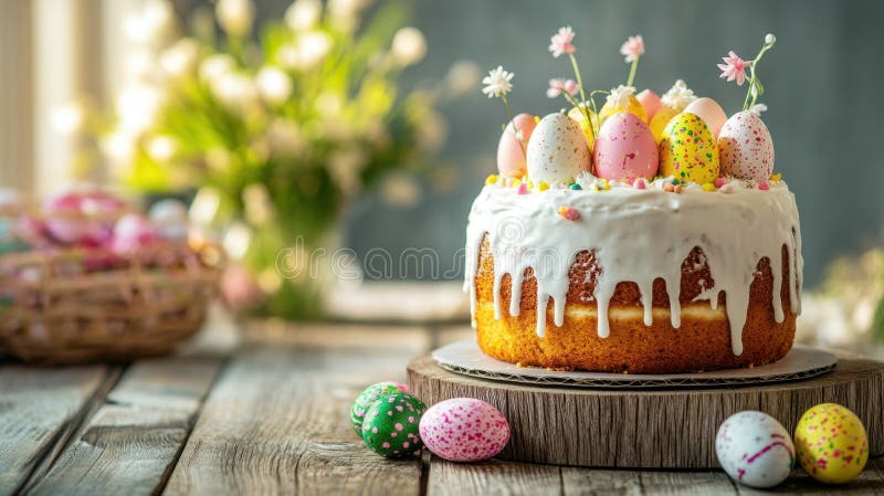 Decorated Easter Cake with White Icing Dripping Over the Edges, Topped ...