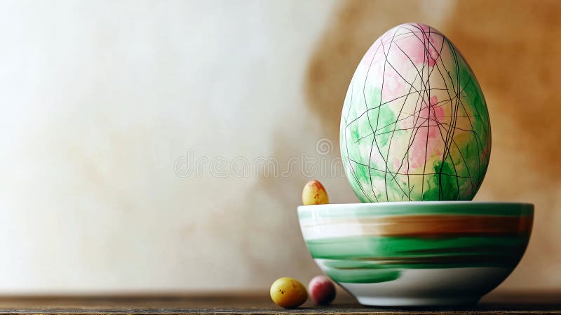 Decorated Easter Egg Balancing on a Bowl with Small Chocolate Eggs ...