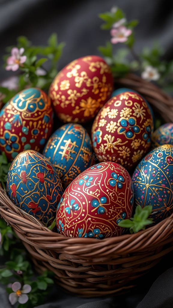 Decorated Easter Eggs in a Basket Showcasing Traditional Pysanky ...