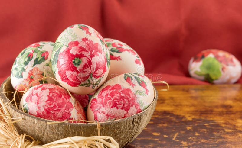 Decorated Easter Eggs in a Coconut Shell Stock Image - Image of painted ...