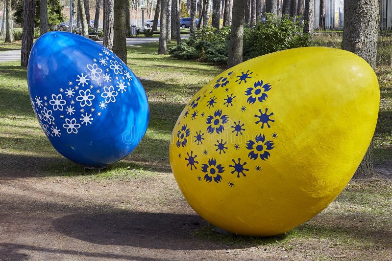 Decorated Easter Eggs in the Grass, Public Area. Extremely Big Easter ...
