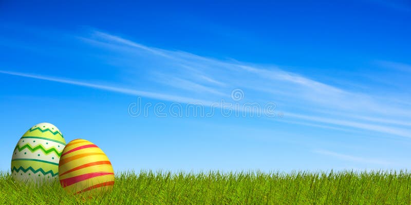 Decorated Easter Eggs in the Grass Under a Blue Sky Stock Illustration ...