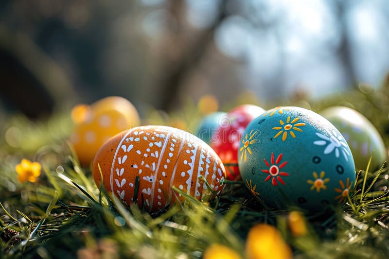 Decorated Easter Eggs in Green Grass Close-up. Easter Background. Generative AI Stock ...