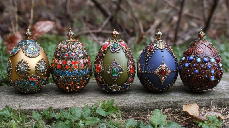 Decorated Easter Eggs with Jewels, Ornate Surfaces, on Wood Surface ...