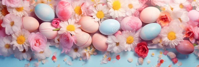 Decorated Easter Eggs Mixed with Colorful Spring Flowers on Pastel ...