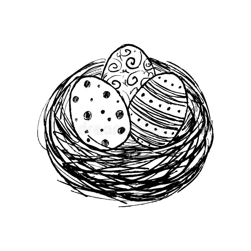 Decorated Easter Eggs in Nest Drawing in Black Brush Stroke Texture ...