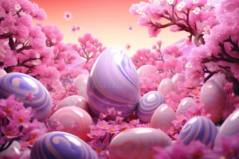 Decorated Easter Eggs Nestle among Pink Cherry Blossoms Under a Soft ...