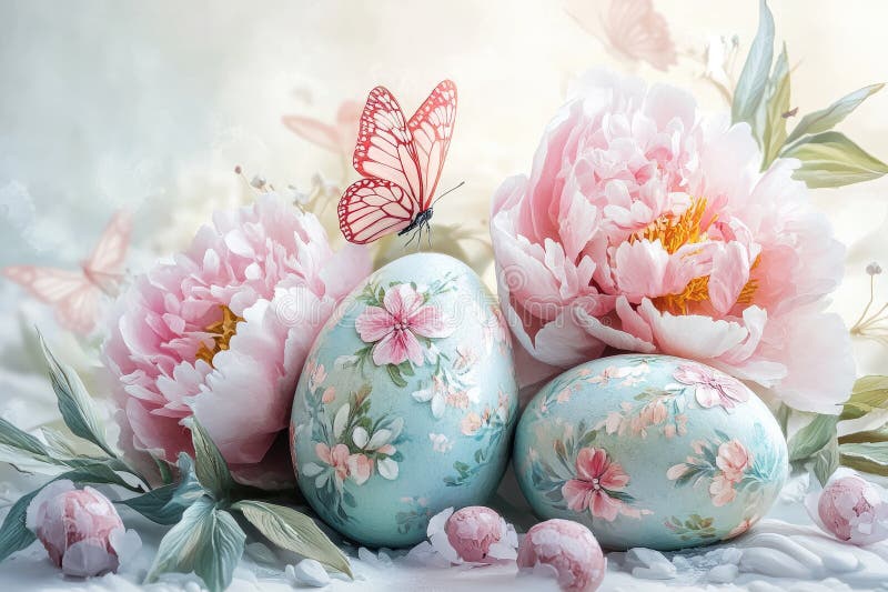 Decorated Easter Eggs with Pink Peonies and Butterfly Stock ...