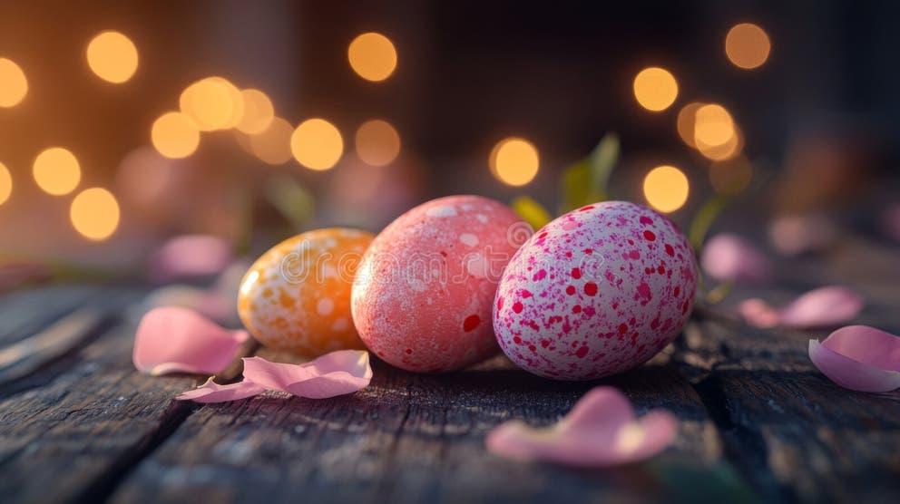 Decorated Easter Eggs Rest on Rustic Wood with Rose Petals Stock ...