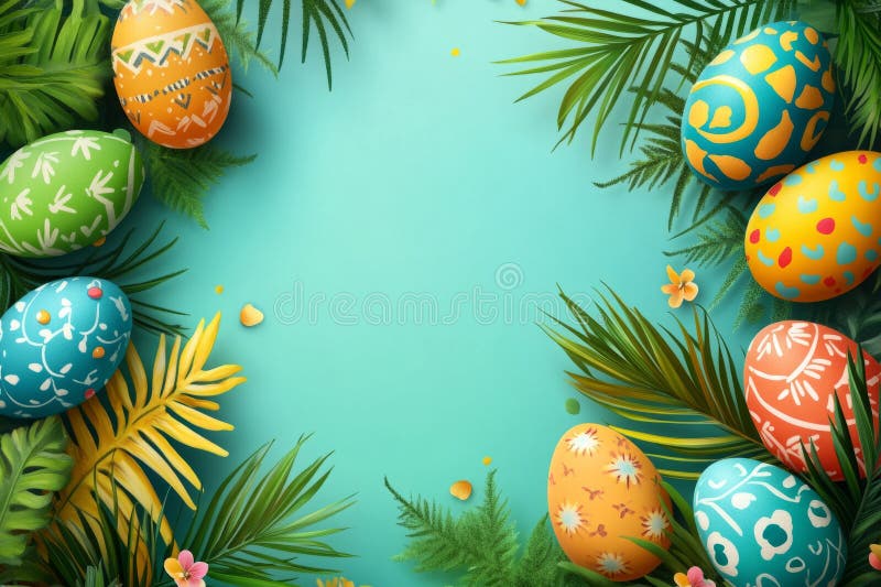 Decorated Easter Eggs and Tropical Leaves Create a Vibrant Frame on a ...