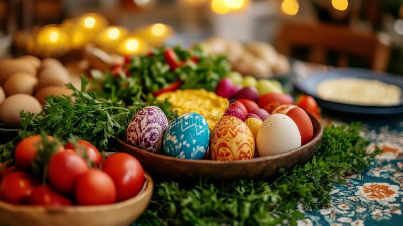 Decorated Easter Eggs Vegetables and Table Setting Stock Illustration ...