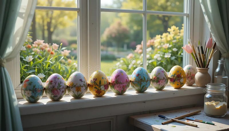 Decorated Easter Eggs on a Window Sill, Springtime Exterior View Stock ...