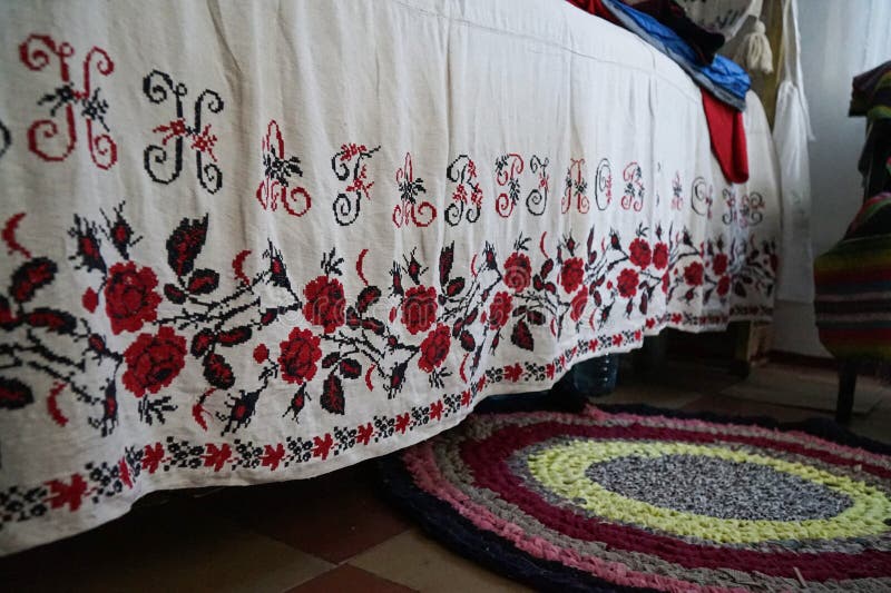Decorated with Embroidery, a Bedspread on a Traditional Ukrainian Bed ...