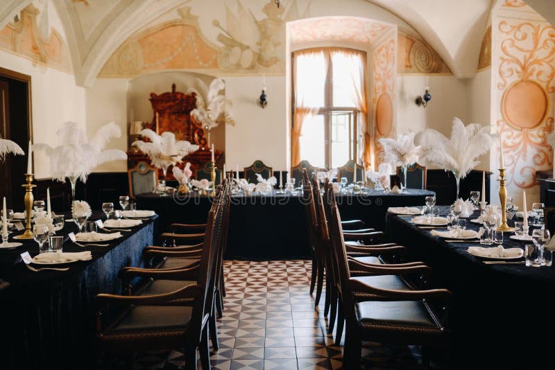 Decorated Festive Table for a Wedding Evening in an Old Castle Stock ...
