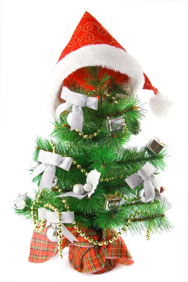 Decorated Fur-tree with Christmas Cap, Isolated Stock Image - Image of ...