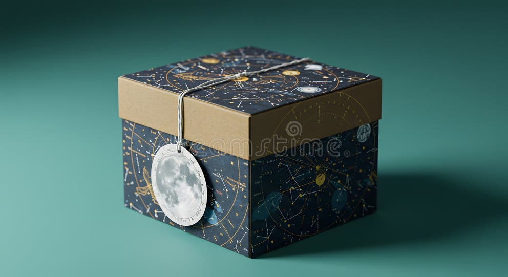 Decorated Gift Box with Constellation Pattern and Moon Tag Stock Image ...