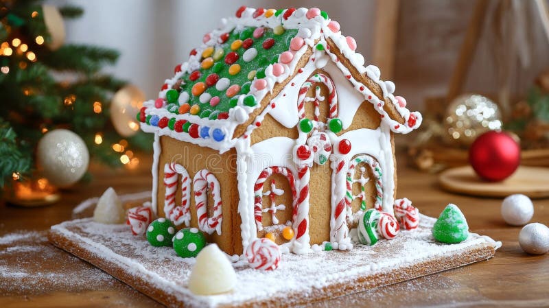 Decorated Gingerbread House with Candy and Sprinkles on Wooden Table ...