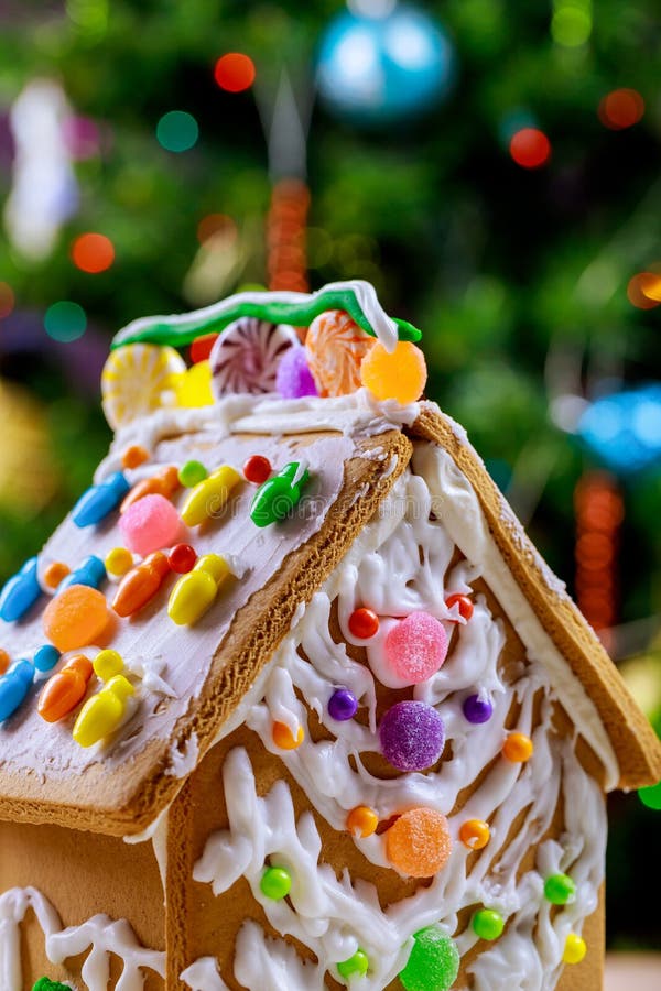 Gingerbread House on Snow with Christmas Tree Stock Photo - Image of ...
