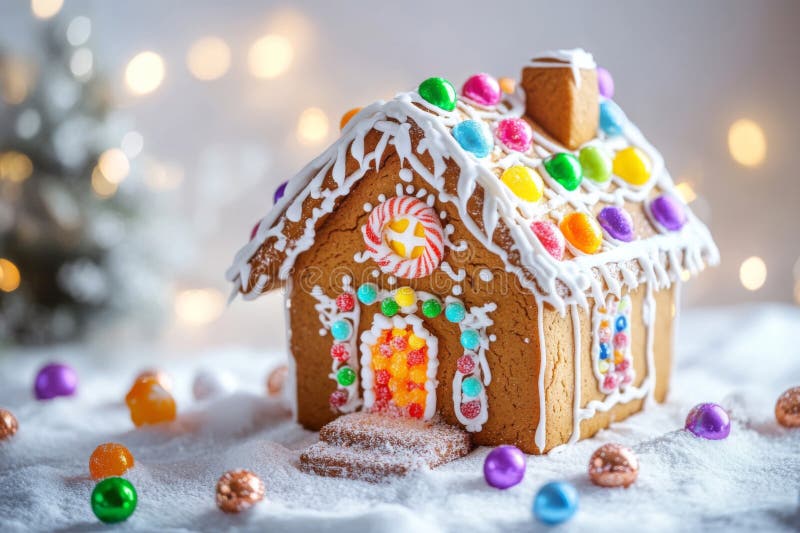 Decorated Gingerbread House in Snowy Setting with Colorful Candies ...