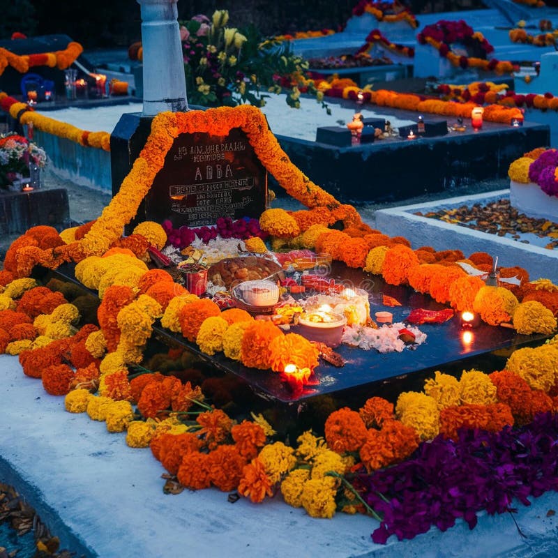 Decorated Grave with Marigolds, Candles, and Offerings during the Day ...