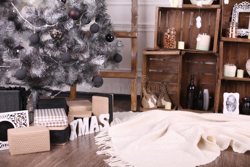 Decorated Interior with Christmas Tree and Details Stock Image - Image ...