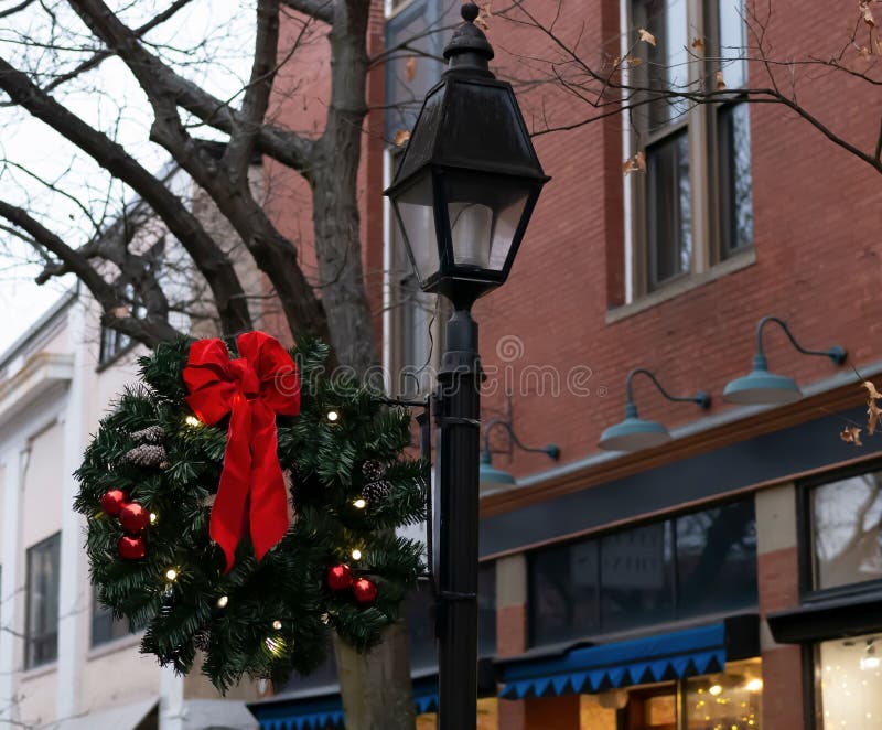 Decorated Lamp Post in the Street Stock Image - Image of winter, post ...