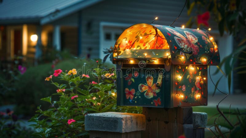 Decorated Mailbox with Lights at Night Stock Photo - Image of front ...