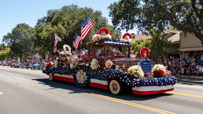 Decorated Parade Float with American Flags and Flowers Stock ...