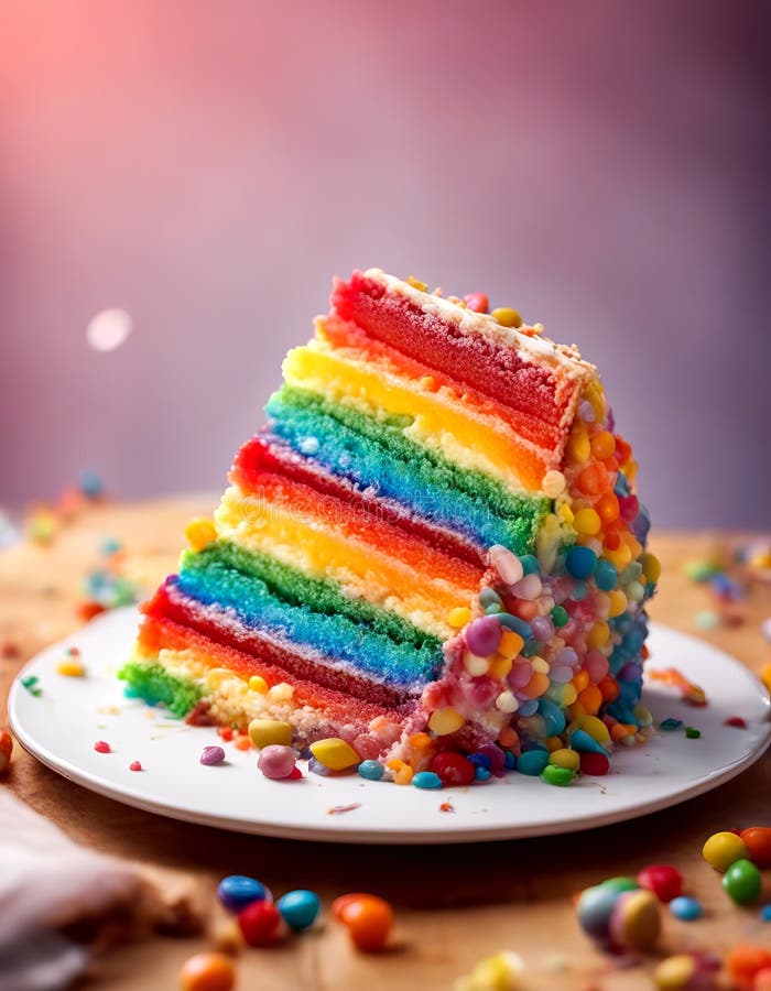 Decorated Party Cake Slice Candle Rainbow Birthday Layer Stock ...