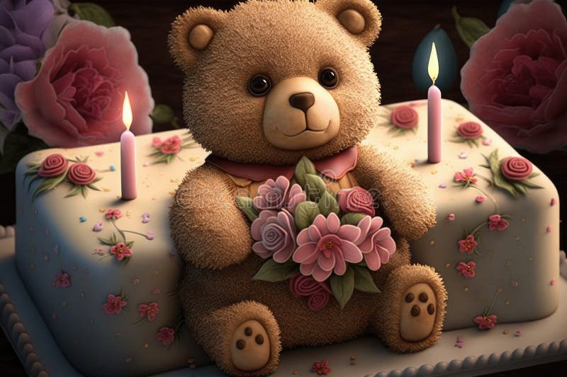 Decorated Rectangular Birthday Cake with Bear Candles and Flowers Stock ...