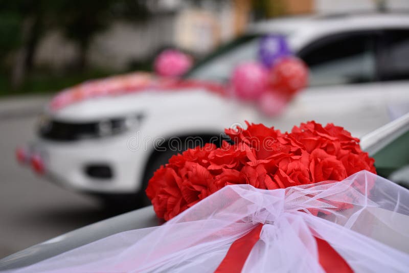 Decorated with Ribbons and Flowers for the Wedding Car Stock Image ...