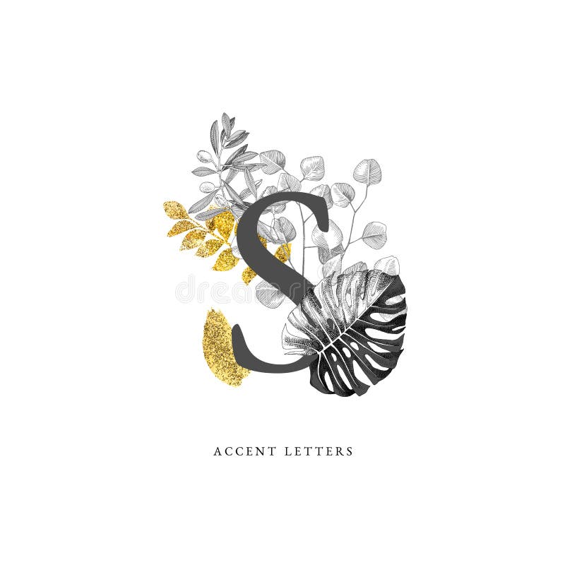 Decorated S Letter with Hand Drawn Tropical Leaves Stock Vector ...