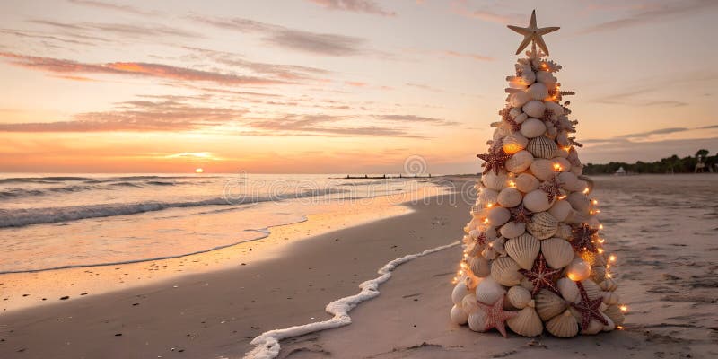 Decorated Seashell Christmas Tree on the Beach during Sunset Stock ...