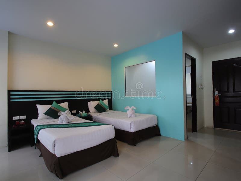 Decorated Single Bedroom with Bed Nice Colours Stock Photo - Image of ...