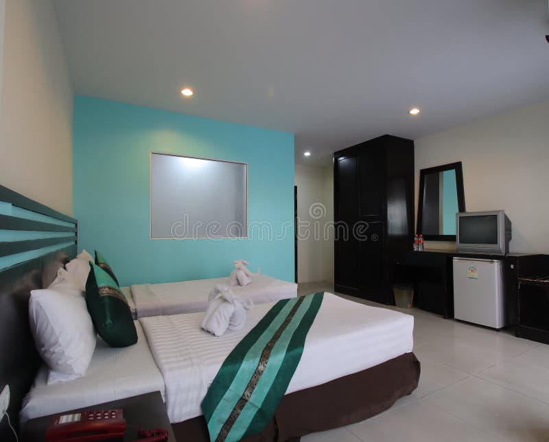 Decorated Single Bedroom with Bed Nice Colours Stock Photo - Image of ...