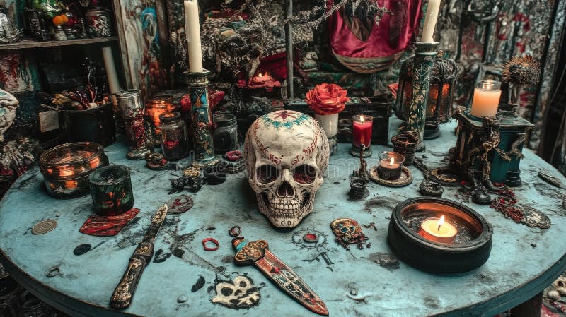 Decorated Skull and Ritual Items Resting on a Worn Table in a Mystical ...
