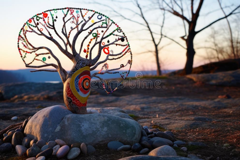 A Decorated Solstice Tree with Painted Rock Circle beside it Stock ...