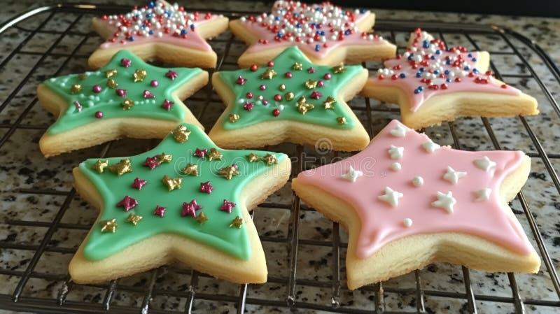 Decorated Star-Shaped Sugar Cookies on a Cooling Rack Stock ...