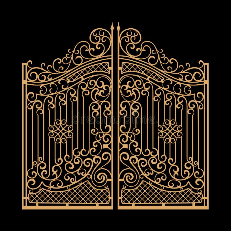 Decorated Steel Gates Vector Illustration. Golden on Black Background ...