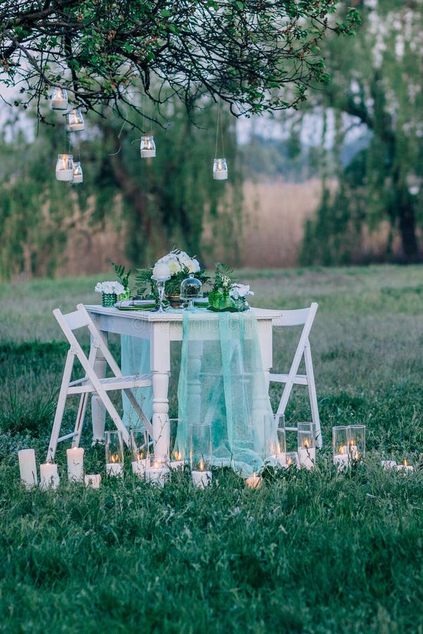 Decorated Table Served for Two in Rustic Outdoor. Romantic Date, Table ...
