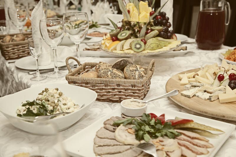 Decorated Table with Snacks, Fruits, Salads Stock Image - Image of ...