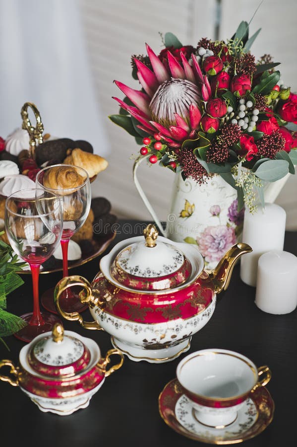 Table Painted Cups and Kettle on the Table 7927. Stock Photo - Image of ...