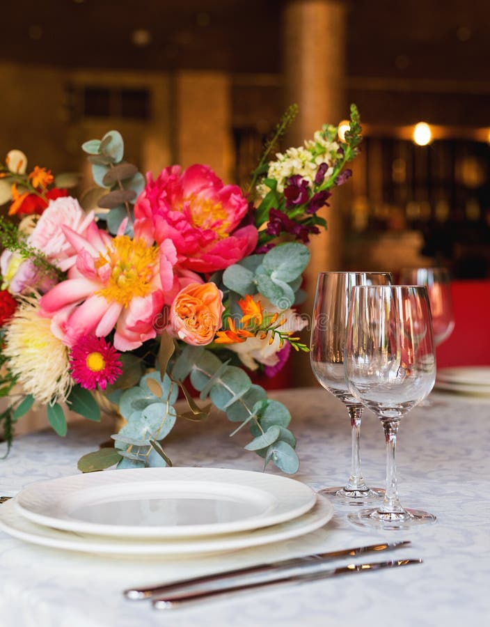 Decorated Table, Vases of Flowers. Close Up. Wedding Concept Stock ...
