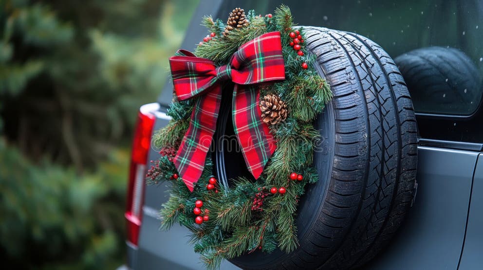 A Decorated Tire with a Bow and Pine Cones Stock Illustration ...