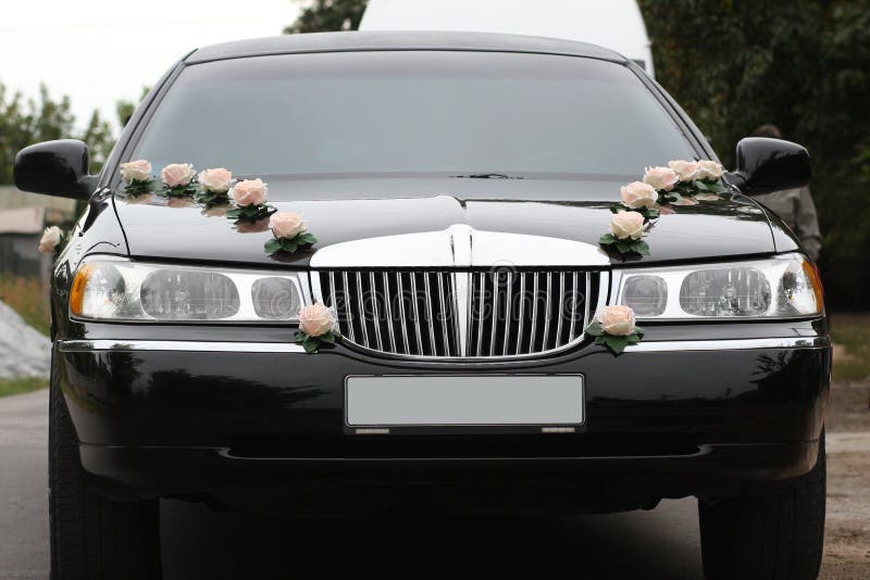 Decorated Wedding Limousine from the Front Stock Image - Image of black ...
