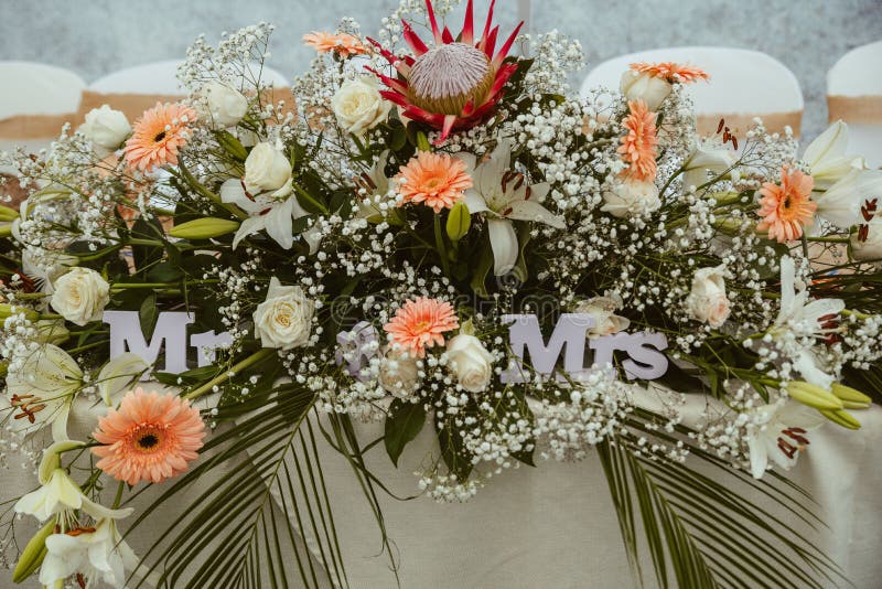 Decorated Wedding Table with Mr & Mrs Sign and Flowers Stock Image ...