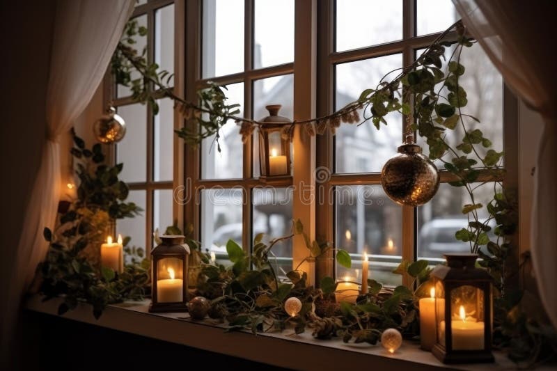 Decorated Window Candle Lanterns. Generate Ai Stock Illustration ...