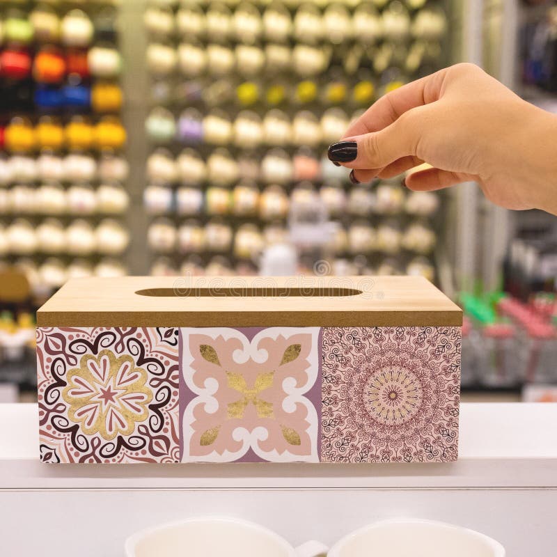 Decorated Wood Napkin Box Close Up Stock Photo - Image of arts ...