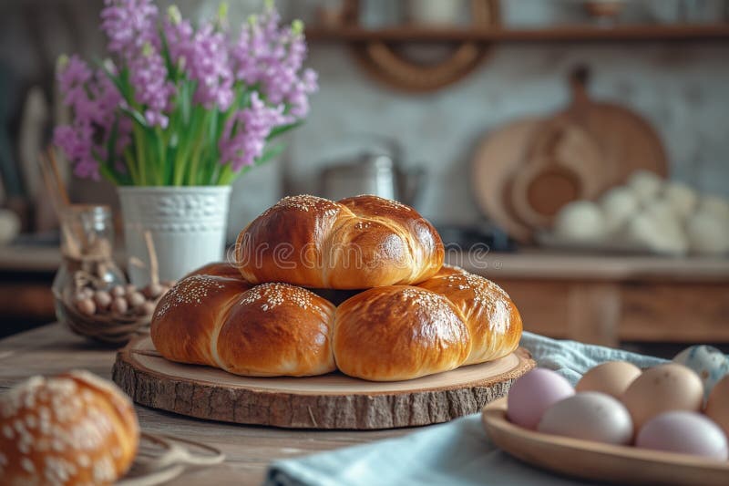 Decorated Yeast Bread with Spring Bouquets and Vibrant Eggs on Wooden ...
