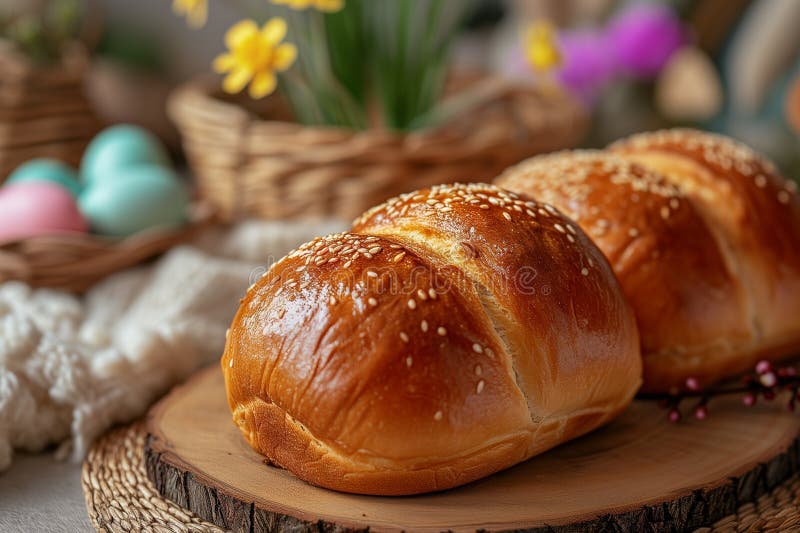 Decorated Yeast Bread with Spring Bouquets and Vibrant Eggs on Wooden ...